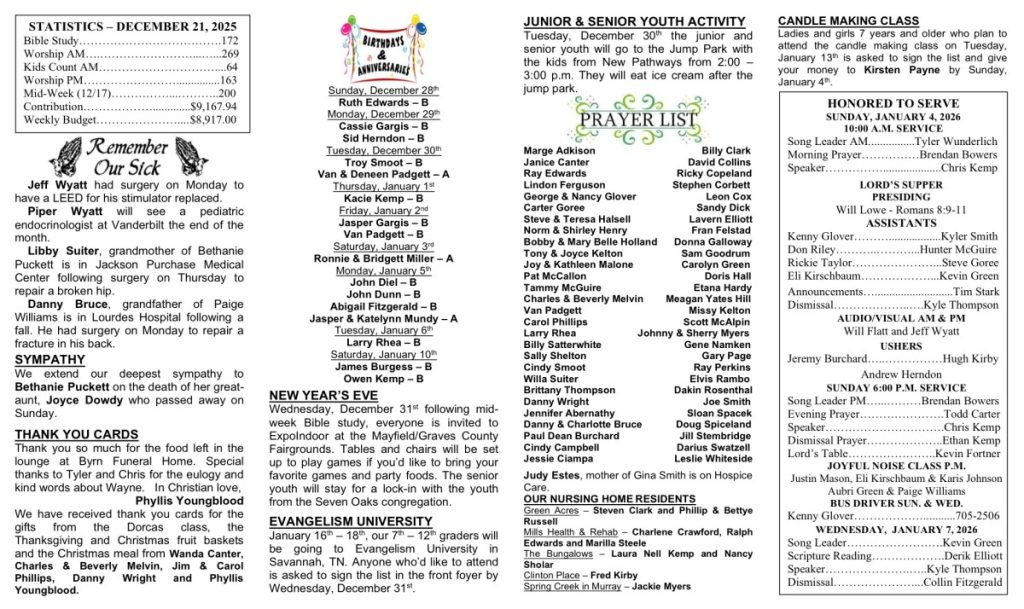 Northside News for 12-28-2025 and 1-4-2026 - Northside Church of Christ